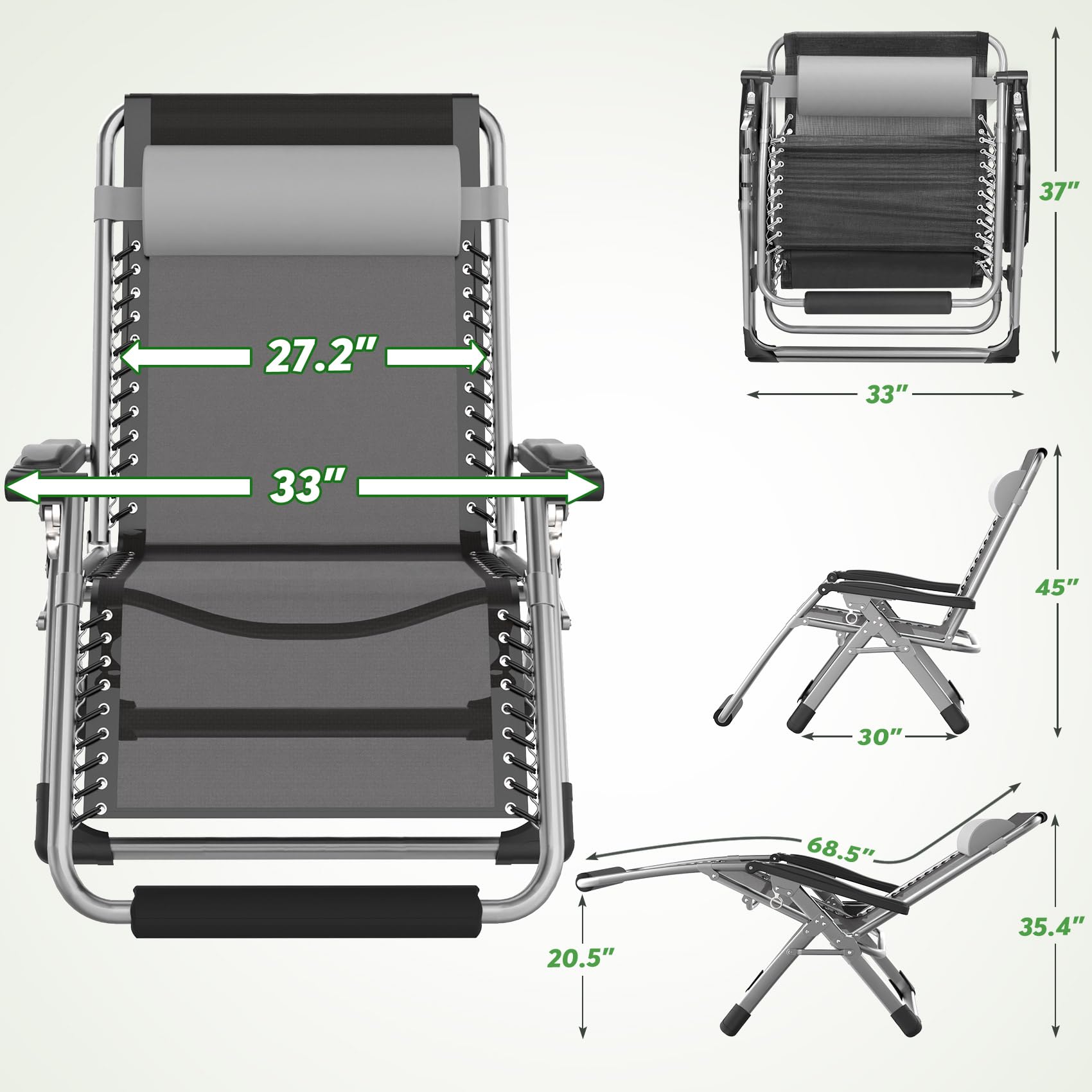 ZENPETIO Oversized Zero Gravity Chair, 33In XXL Zero Gravity Recliner Lounge Chair, Anti Gravity Chair for Indoor and Outdoor, Reclining Camping Chair for Lawn and Patio w/Cushion and Footrest, 500LBS