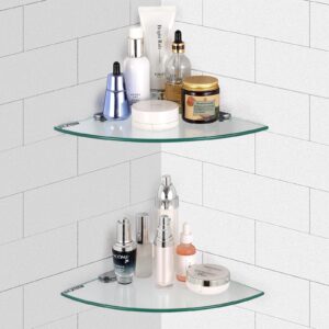 glass corner shower shelves, tempered floating glass shelves wall mount, glass shelf for bathroom, shower caddy organizer with zinc alloy brackets for bathroom, kitchen, living room 9.8" x 9.8" 2 pack