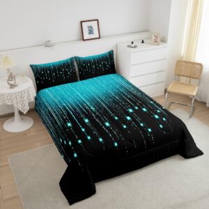 Abstract Ombre Comforter Set Teal Black Teens Bedding Set for Boys Girls Women Kids Modern Geometric Comforter Glitter Galaxy Stars Decor Quilt Set Bedroom Collection 3Pcs Full Size