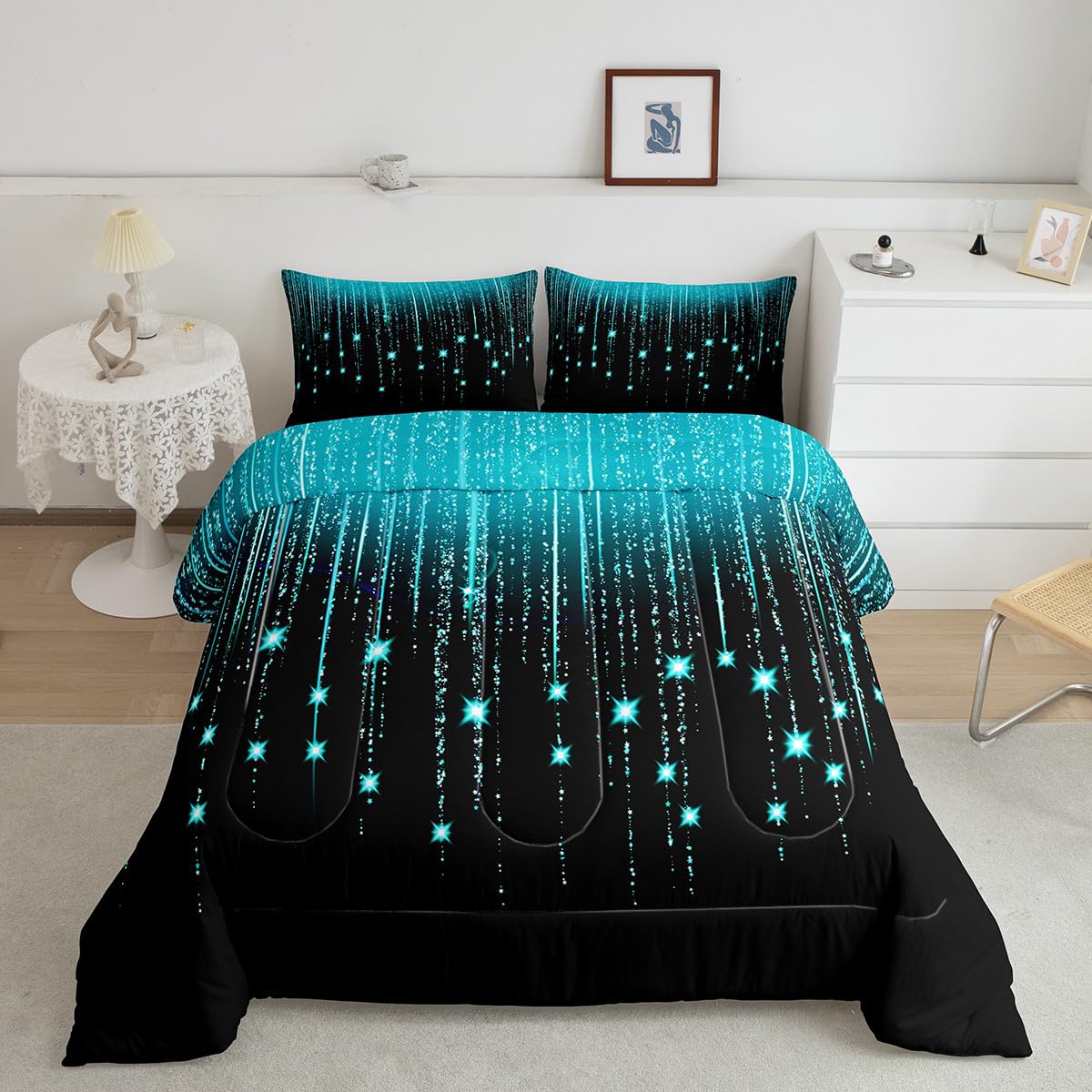 Abstract Ombre Comforter Set Teal Black Teens Bedding Set for Boys Girls Women Kids Modern Geometric Comforter Glitter Galaxy Stars Decor Quilt Set Bedroom Collection 3Pcs Full Size