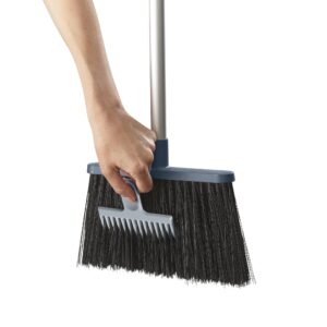 Joseph Joseph CleanStore Wall-Mounted Adjustable Long Handle Broom Sweeper with Dust-Shield Storage, Indoor Sweeping Floor Brush with Soft Bristles and Comb