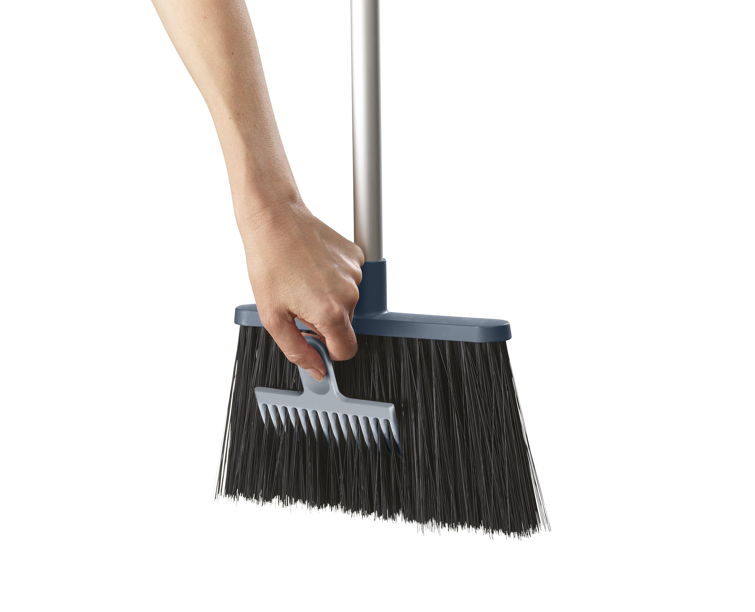 Joseph Joseph CleanStore Wall-Mounted Adjustable Long Handle Broom Sweeper with Dust-Shield Storage, Indoor Sweeping Floor Brush with Soft Bristles and Comb