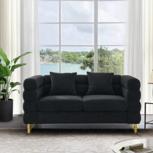 60-inch couches for living room, modern teddy fabric upholstered loveseat sofa couch with square arm and 4 golden metal legs for living room, office, apartment, black