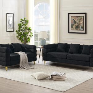 81-inch Couches + 60-inch Loveseat Sofa for Living Room, Set of 2 Modern Teddy Fabric Upholstered Sofa Couch with Square Arm and 4 Golden Metal Legs for Living Room, Office, Apartment, Black