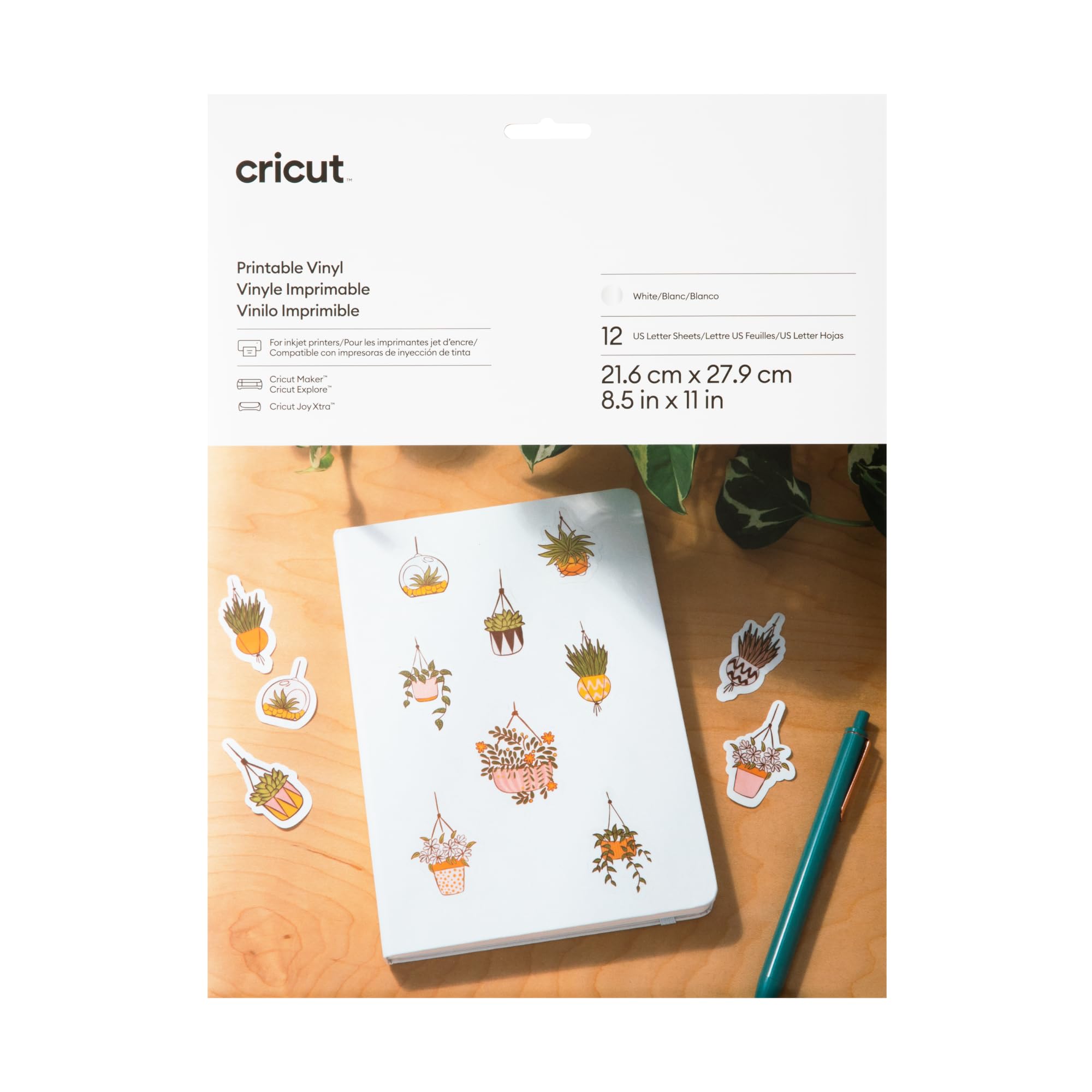 Cricut Printable Vinyl - US Letter Size (12 Ct), Printable Vinyl for Stickers, Labels, Vinyl Paper for Inkjet Printer, Compatible with Cricut Maker, Explore 3, & Cricut Joy Xtra Machines, White, 12ct