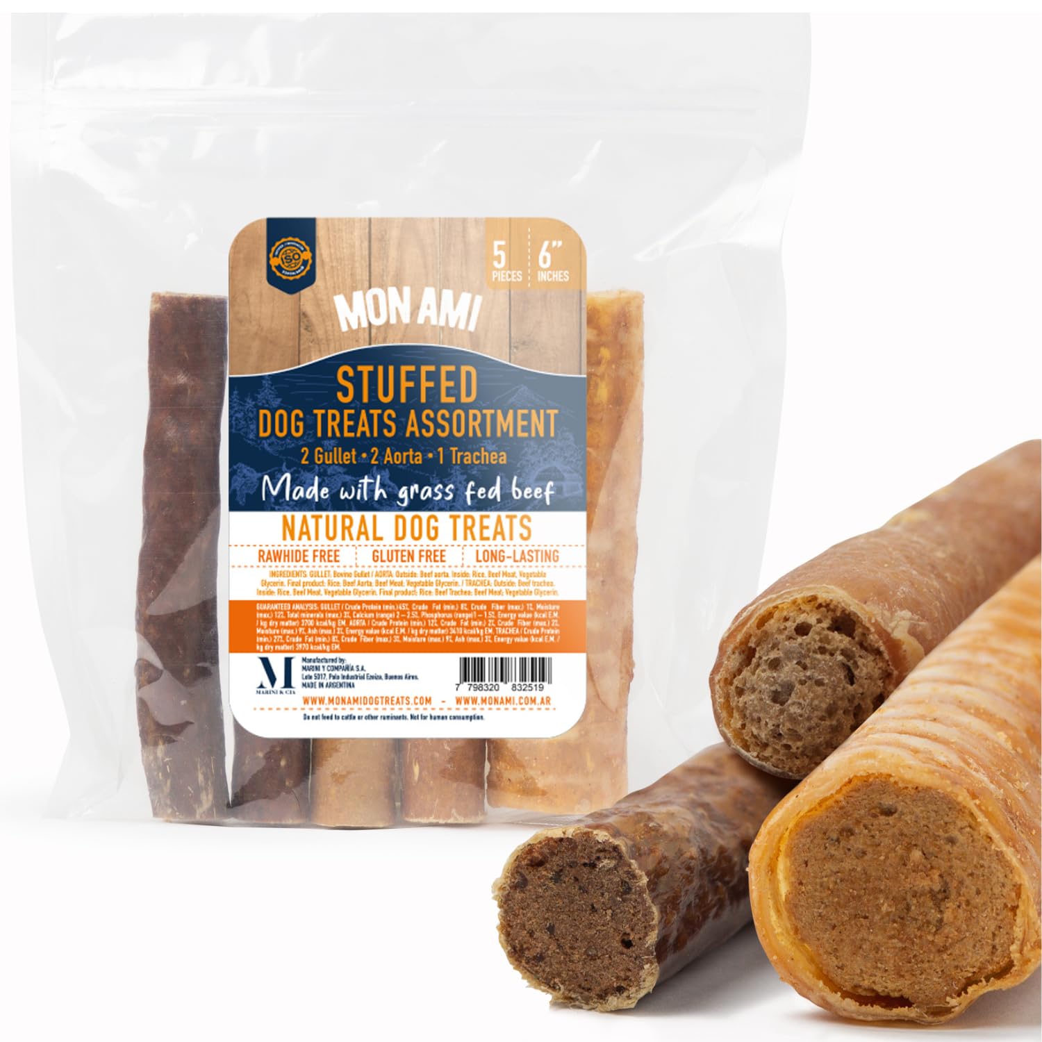 Mon Ami Variety Beef Stuffed Dog Treats (6 inch, 11oz) – Esophagus, Aorta, Trachea Dog Chews Made from Grass Fed Beef with Glucosamine & Chondroitin – Natural Dog Treats & High Protein