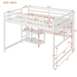 Full Size Loft Bed with Desk and Storage,Wood loft beds,for Girls Boys Teens Adults,No Box Spring Needed（White）