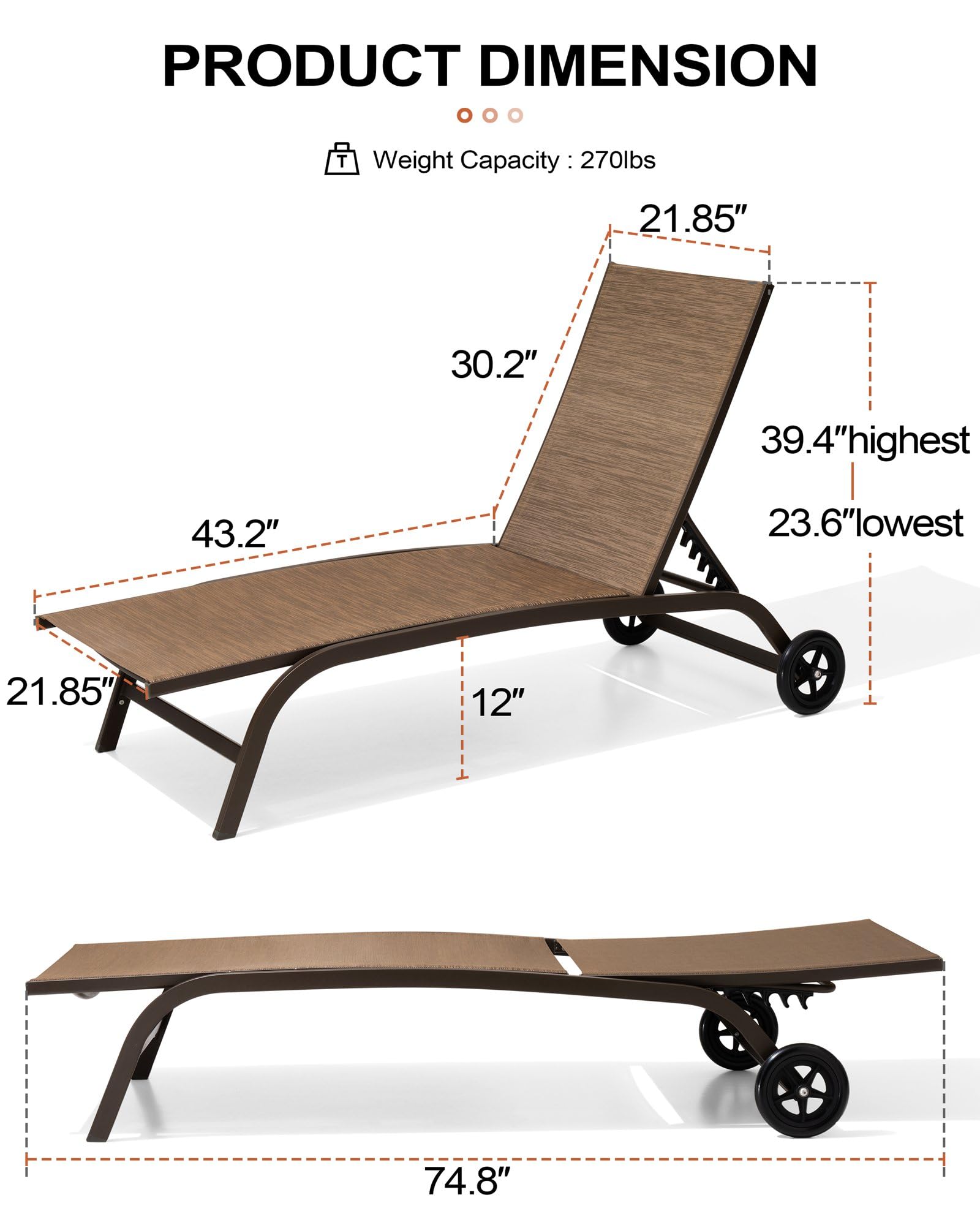 Crestlive Products Outdoor Chaise Lounge Chairs with Wheels Set of 3, Pool Lounge Chairs with 5 Adjustable Position for Patio, Poolside, Yard, Brown