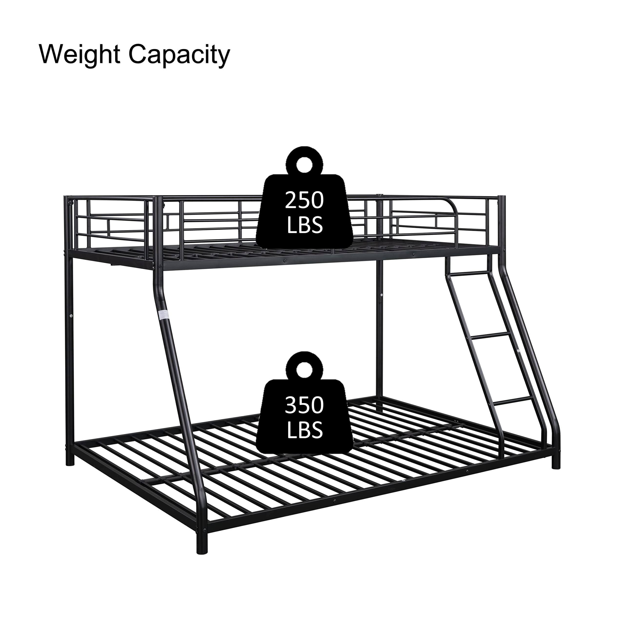 HomJoones Metal Bunk Beds,Heavy Duty Metal Bunk Bed Twin Over Full Size, Heavy Duty Floor Bunk Beds Frame with Enhanced Upper-Level Guardrail/No Box Spring Needed (M1 Black)