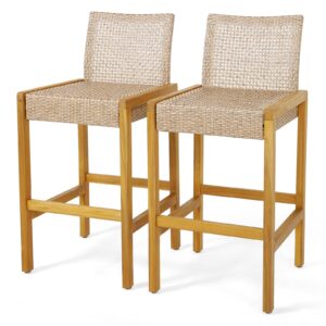 tangkula patio wood barstools set of 2, pe rattan bar height chairs with backrest, stable metal frame, 400 lbs max load, light brown pe wicker bar chairs for porch, backyard, balcony (2)