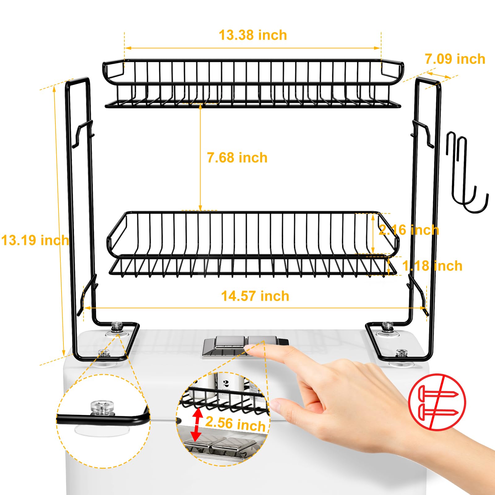 Johamoo Over The Toilet Storage, 2-Tier Bathroom Organizer Shelves, Multifunctional Bathroom Storage Rack with 4 Suction Cup, No Drilling Space Saver with Hooks, Upgrade Non-Adhesive, Black