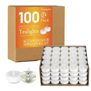 linegohts 100 clear tealight candles - 4+ hour burn time - unscented smokeless clean burning white palm votive tea lights candles for home, shabbat & anniversaries (100 pack)