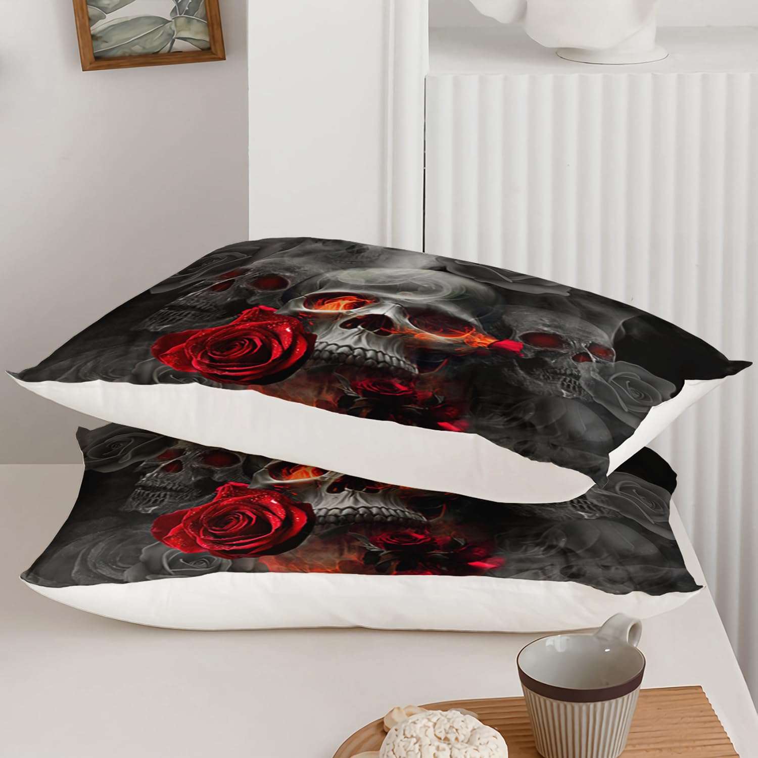 AILONEN Sugar Skull Duvet Cover Set King Size, Red Rose Skull Comforter Cover Set,Halloween Bedding Set,3PCS Smoke Fog Luxurious Horror Nature Grey Black Breathable Quilt Cover and 2 Pillowcases