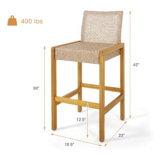 HAPPYGRILL Wicker Bar Stools Set of 2, Patio Chairs with Solid Wood Frame, Ergonomic Footrest, Indoor Outdoor Bar Height Chairs for Backyard Poolside Garden