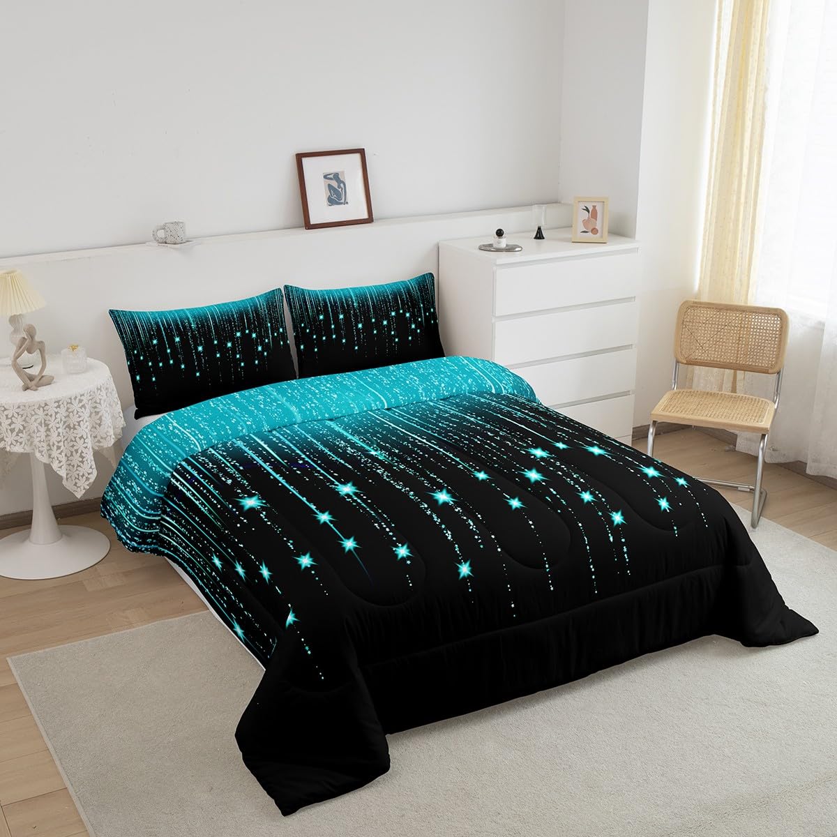 Abstract Ombre Comforter Set Teal Black Teens Bedding Set for Boys Girls Women Kids Modern Geometric Comforter Glitter Galaxy Stars Decor Quilt Set Bedroom Collection 3Pcs Full Size