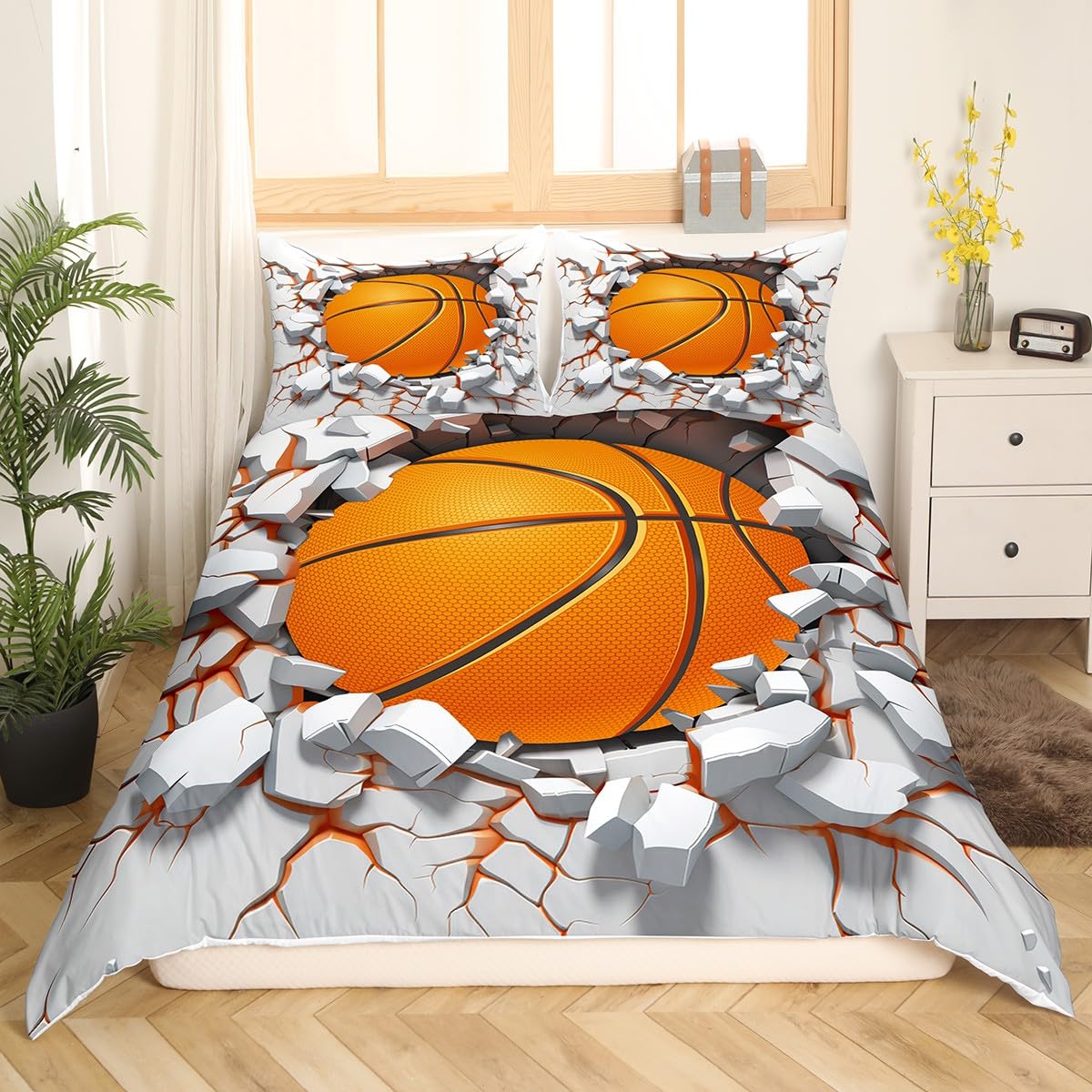 Erosebridal Boys Basketball Comforter Cover for Kids Teen Sports Bed Set, Ball Game Duvet Cover Full Size White Grey Orange Bedding Sets, Abstract Block Bedspread Cover 3pcs with 2 Pillow Case