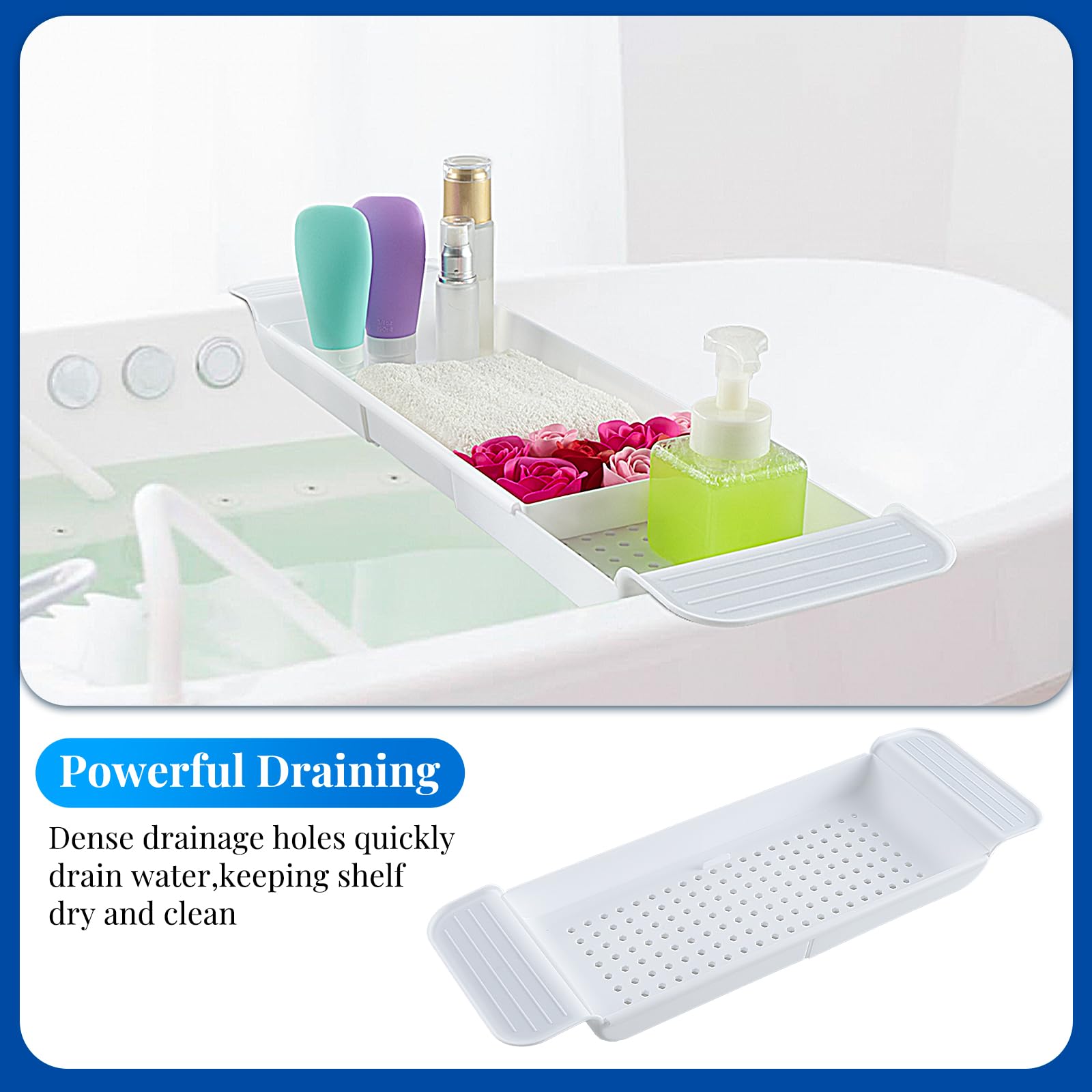 HOMEE Expandable Bathtub Caddy Tray, Plastic Drain Bath Tub Tray Table, Bath Caddy Tray for Bathtub, Adjustable Bath Shelf Tub Board Organizer Trays for Bathroom and Kitchen(White)