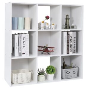 nouva 9 cube storage organizer shelf with 5 removable back panels freestanding 3-tier open wood bookshelf for home, office, bedroom, living room, white