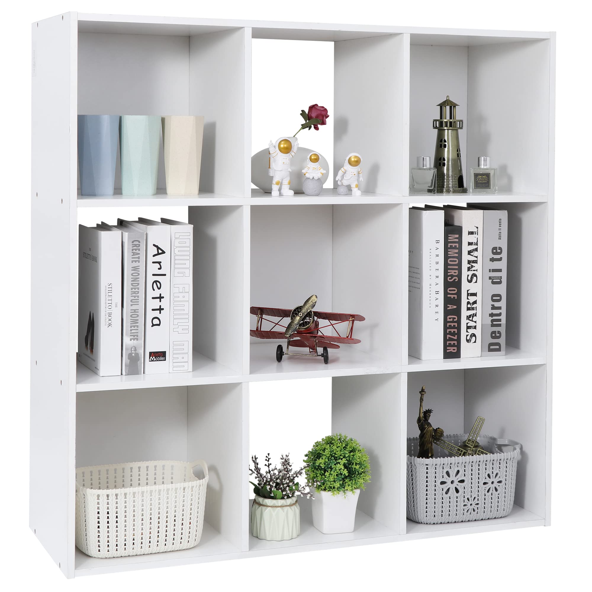 Nouva 9 Cube Storage Organizer Shelf with 5 Removable Back Panels Freestanding 3-Tier Open Wood Bookshelf for Home, Office, Bedroom, Living Room, White