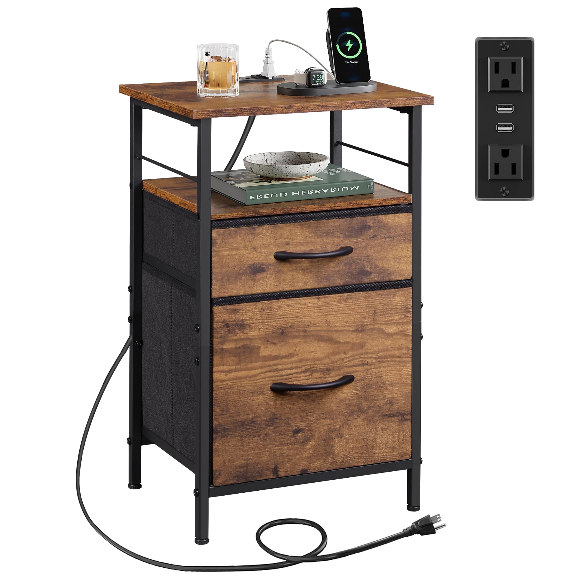 WLIVE Nightstand with Charging Station, End Table with 2 Fabric Drawers for Storage, Small Bedroom Dresser, Bed Side Table, 2 USB Ports and 2 Outlets, Easy Assembly, Rustic Brown