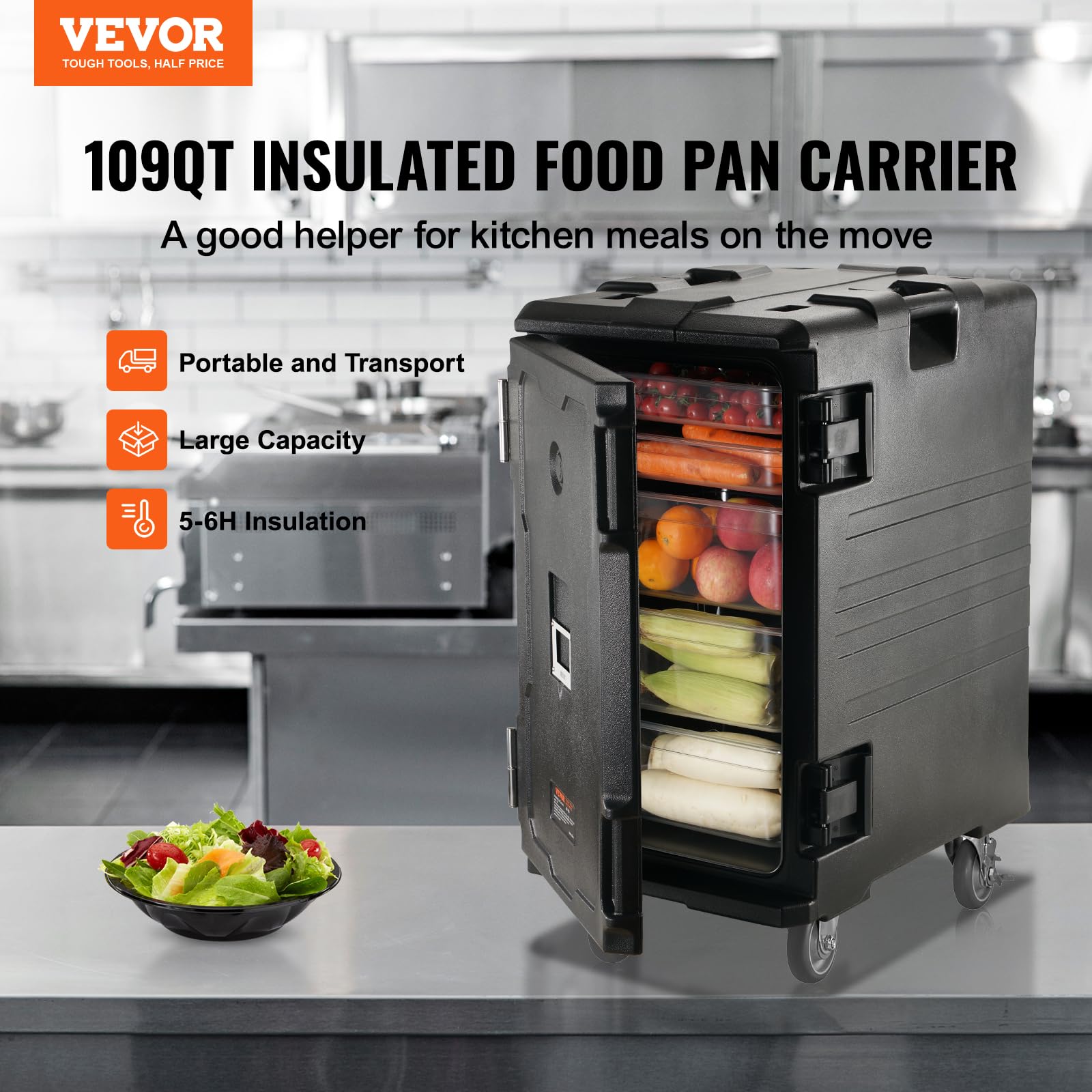 VEVOR Insulated Food Pan Carrier, 126 Qt Hot Box for Catering, LLDPE Food Box Carrier with Double Buckles, Front Loading Food Warmer with Handles, End Loader with Wheels for Restaurant, Canteen, etc.