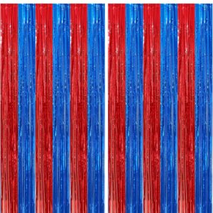 2 pack red and blue foil fringe curtains photo booth prop tinsel streamer backdrops birthday party supplies bachelorette bridal wedding baby shower graduation party decorations, 3.3 x 6.6 ft