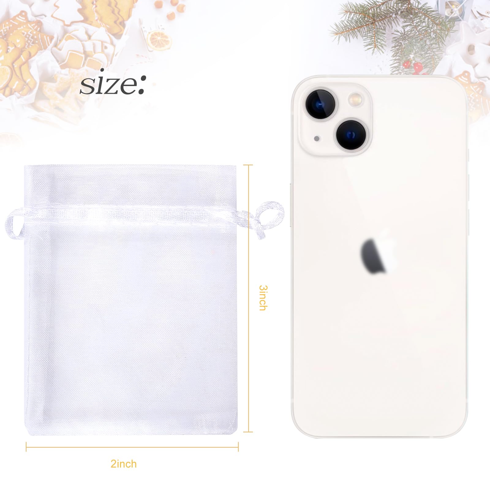 100Pcs White Organza Bags, 2x3Inch Sheer Wedding Party Favor Bags with Drawstring, Jewelry Gift Bags Christmas Candy Pouches