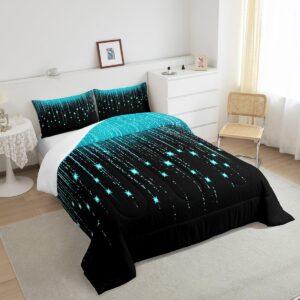 Abstract Ombre Comforter Set Teal Black Teens Bedding Set for Boys Girls Women Kids Modern Geometric Comforter Glitter Galaxy Stars Decor Quilt Set Bedroom Collection 3Pcs Full Size