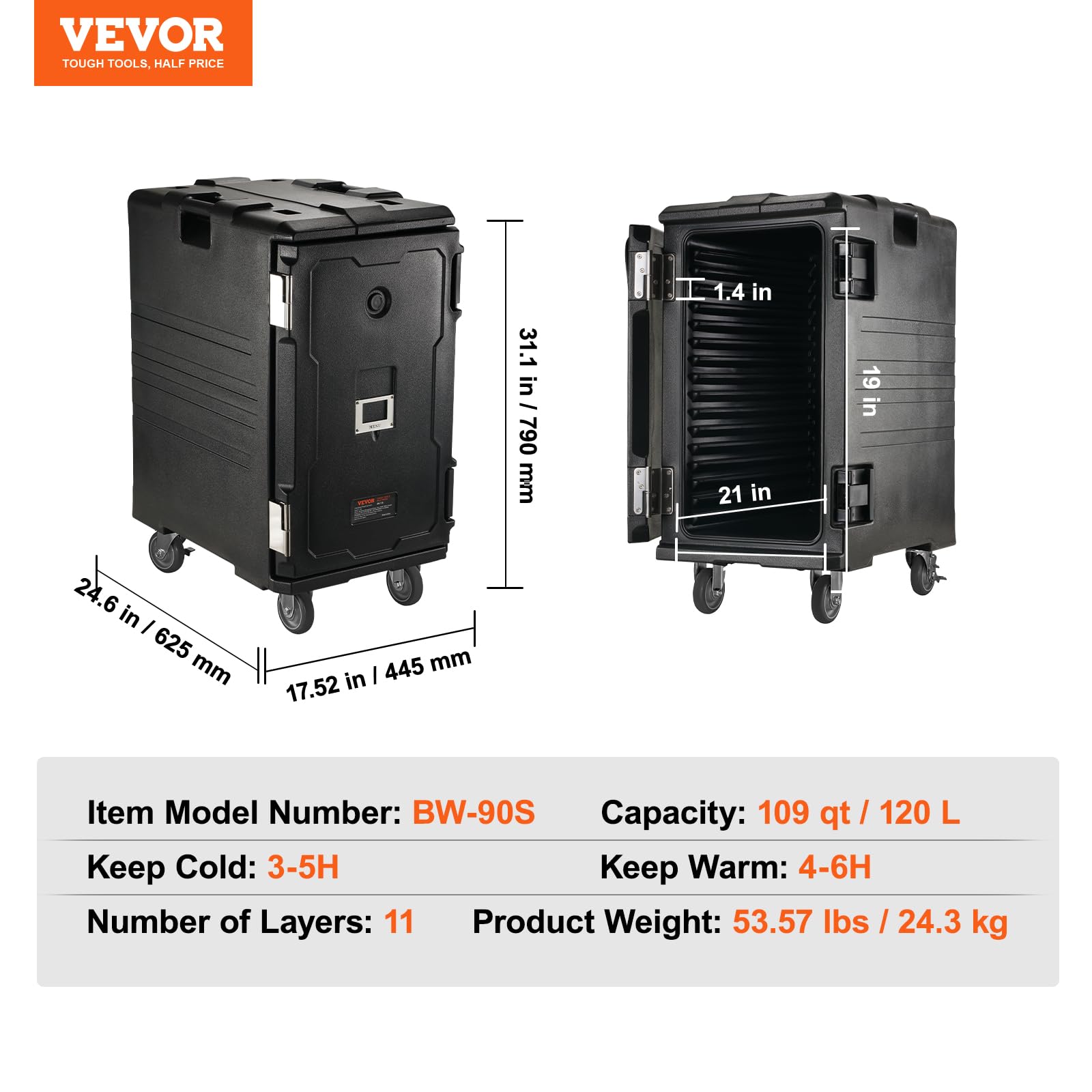 VEVOR Insulated Food Pan Carrier, 126 Qt Hot Box for Catering, LLDPE Food Box Carrier with Double Buckles, Front Loading Food Warmer with Handles, End Loader with Wheels for Restaurant, Canteen, etc.