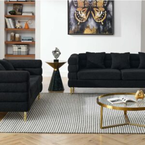 81-inch Couches + 60-inch Loveseat Sofa for Living Room, Set of 2 Modern Teddy Fabric Upholstered Sofa Couch with Square Arm and 4 Golden Metal Legs for Living Room, Office, Apartment, Black