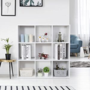 Nouva 9 Cube Storage Organizer Shelf with 5 Removable Back Panels Freestanding 3-Tier Open Wood Bookshelf for Home, Office, Bedroom, Living Room, White