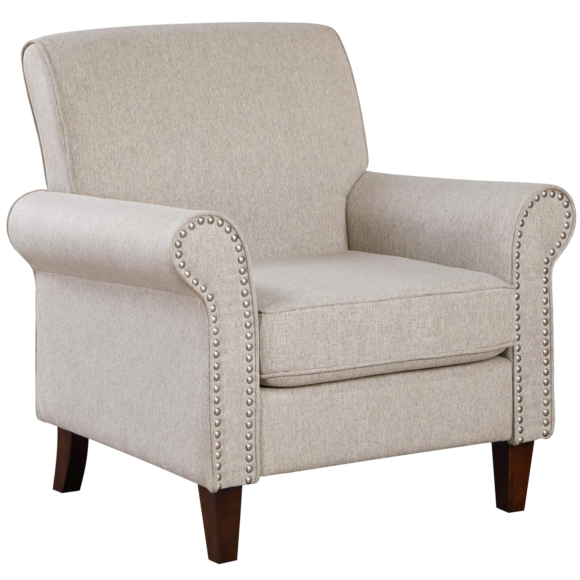 Prilinex Upholstered Living Room Chair - Large Comfy Fabric Accent Chair Single Sofa with Cushion, Rolled Armrest & Nailhead Trim, Mid Century Farmhouse Armchair for Bedroom, Office, Beige