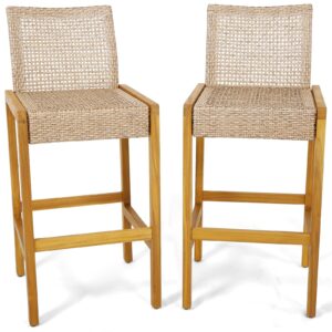 happygrill wicker bar stools set of 2, patio chairs with solid wood frame, ergonomic footrest, indoor outdoor bar height chairs for backyard poolside garden