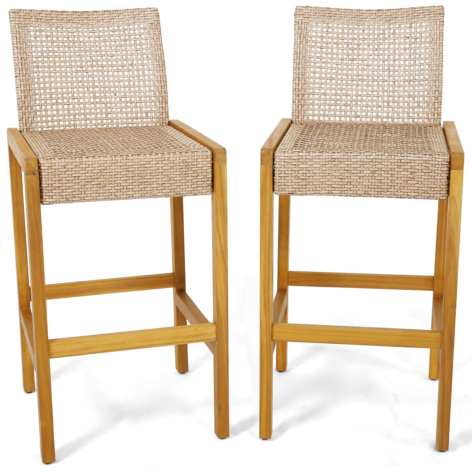 HAPPYGRILL Wicker Bar Stools Set of 2, Patio Chairs with Solid Wood Frame, Ergonomic Footrest, Indoor Outdoor Bar Height Chairs for Backyard Poolside Garden