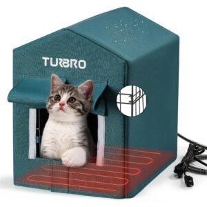 turbro heated cat house outdoor, insulated and weatherproof iron shelter for feral and cats outside, heating pad bed with 14.7ft anti-bite cord, ul test passed, blue