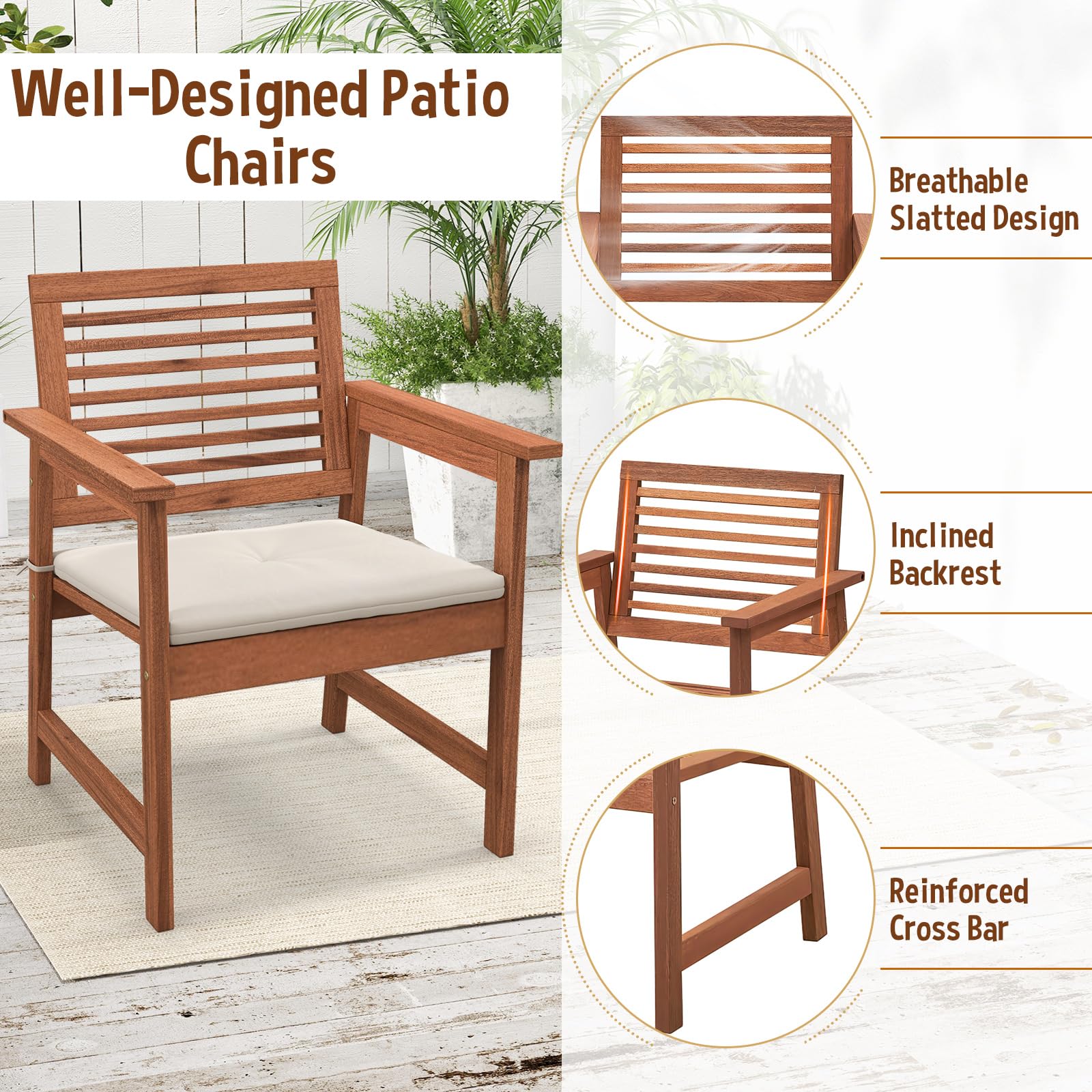 HAPPYGRILL Outdoor Dining Chair Set of 2, Patio Solid Wood Chairs with Comfortable Cushions, Breathable Slatted Seat, Outside Wood Armchairs for Balcony Porch Poolside