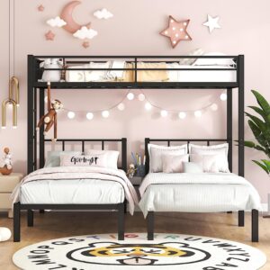 meritline triple bunk beds for 3, metal bunk bed twin over twin & twin size, three bed bunk beds for kids, teens,can be separated into 3 twin beds, black