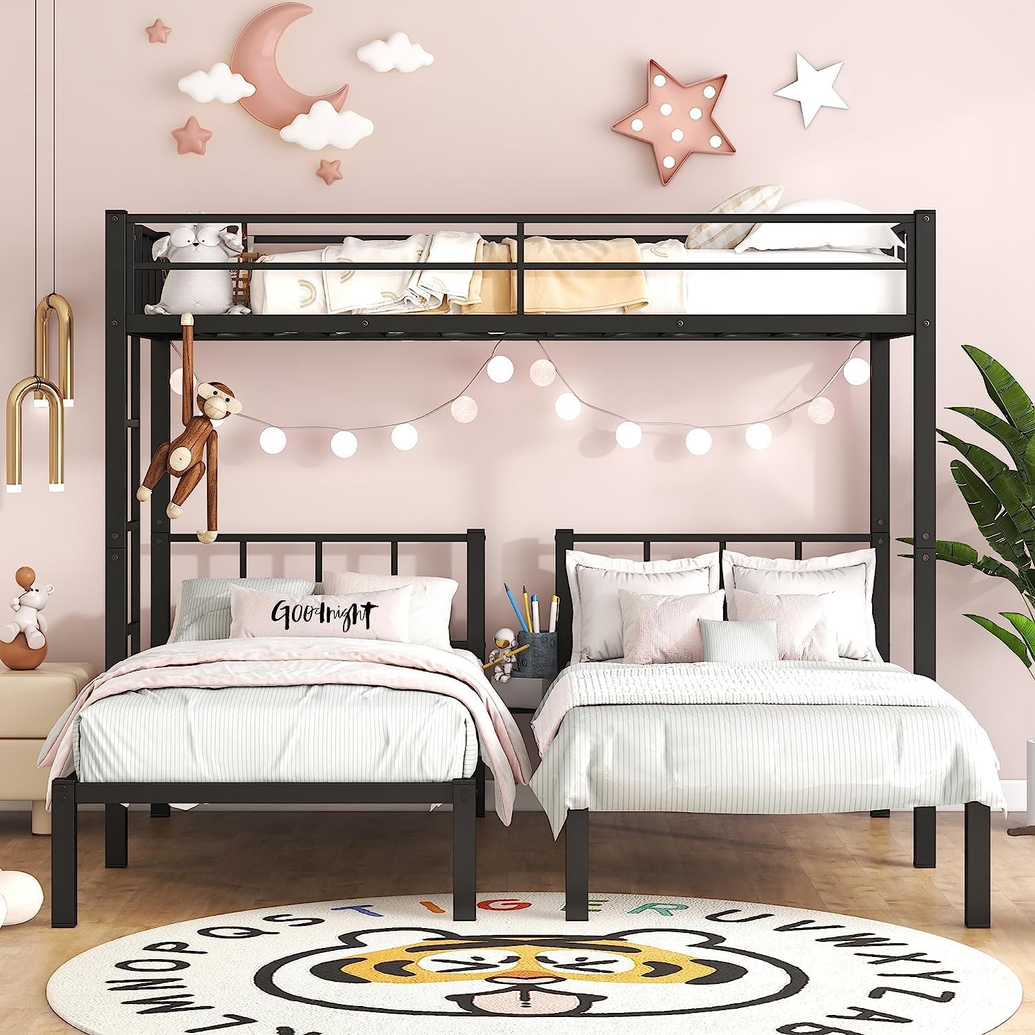 MERITLINE Triple Bunk Beds for 3, Metal Bunk Bed Twin Over Twin & Twin Size, Three Bed Bunk Beds for Kids, Teens,Can be Separated into 3 Twin Beds, Black