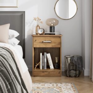 FOTOSOK Nightstand Set of 2, 2-Tier Side Table with Drawer and Storage Shelf, Bedside Table End Table, Modern Night Stand for Bedroom, Home Office,Wooden Grain