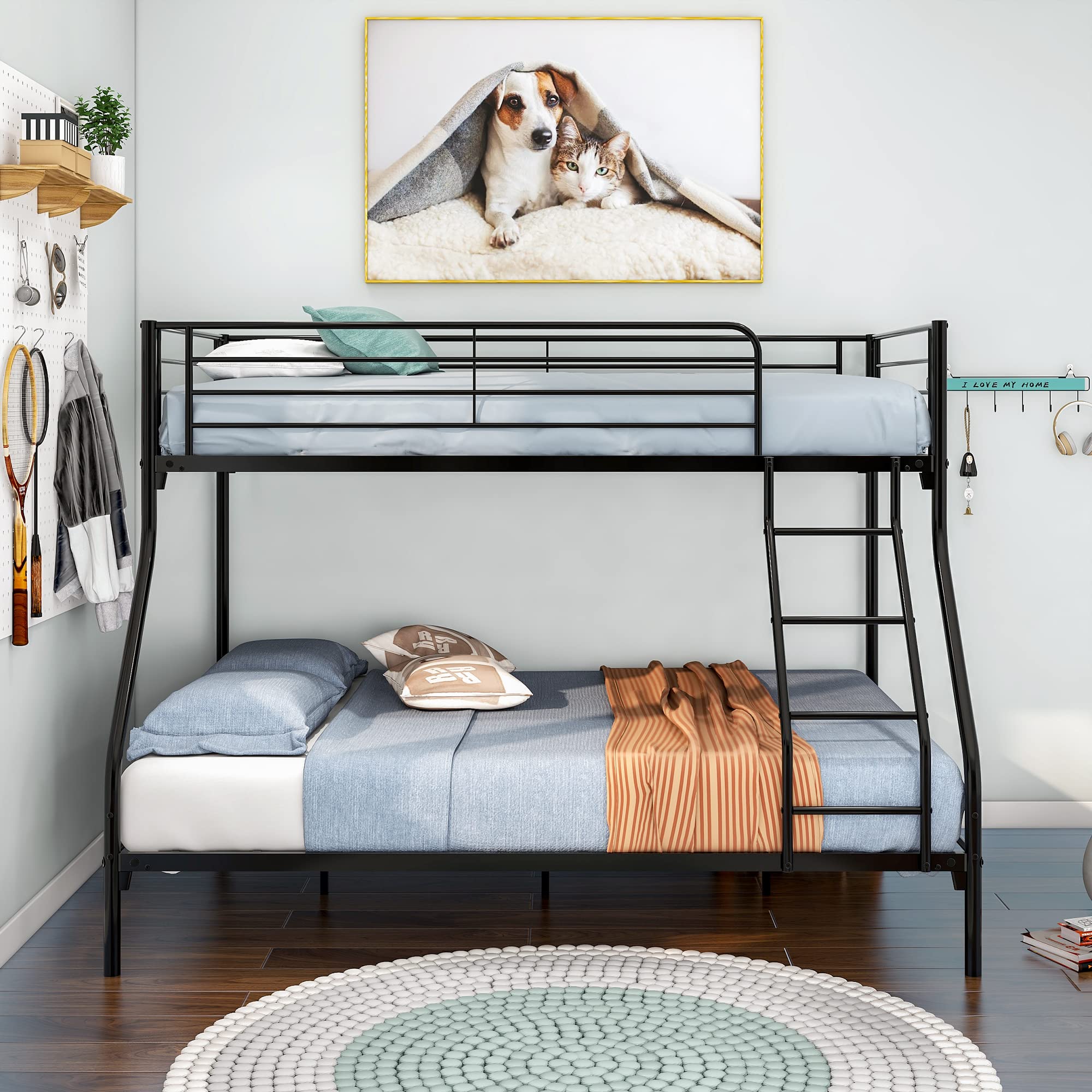 HomJoones Metal Bunk Beds,Heavy Duty Metal Bunk Bed Twin Over Full Size, Heavy Duty Floor Bunk Beds Frame with Enhanced Upper-Level Guardrail/No Box Spring Needed (M1 Black)