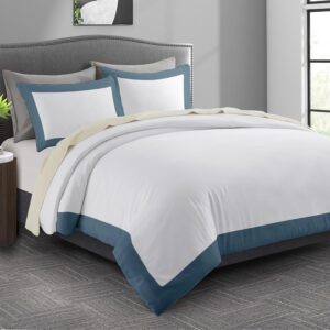 sleep-nest dual tone duvet cover set cal-king 105"x93" long staple 100% egyptian cotton - 3 piece shading design 600tc covers with zipper closure, two color duvet cover soft, (white + medium blue)