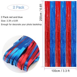 2 Pack Red and Blue Foil Fringe Curtains Photo Booth Prop Tinsel Streamer Backdrops Birthday Party Supplies Bachelorette Bridal Wedding Baby Shower Graduation Party Decorations, 3.3 x 6.6 ft