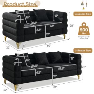 81-inch Couches + 60-inch Loveseat Sofa for Living Room, Set of 2 Modern Teddy Fabric Upholstered Sofa Couch with Square Arm and 4 Golden Metal Legs for Living Room, Office, Apartment, Black