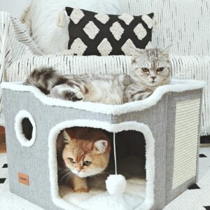 Spindro Large Cat Bed for Indoor Cats, Foldable Adult Cat Cave Anti Anxiety Cat House Cube with Scratch Pad Cat Towers, Cute Kitten Condo Hideaway Hut with Soft Pillow Mat for 2 Pets Under 30 lbs