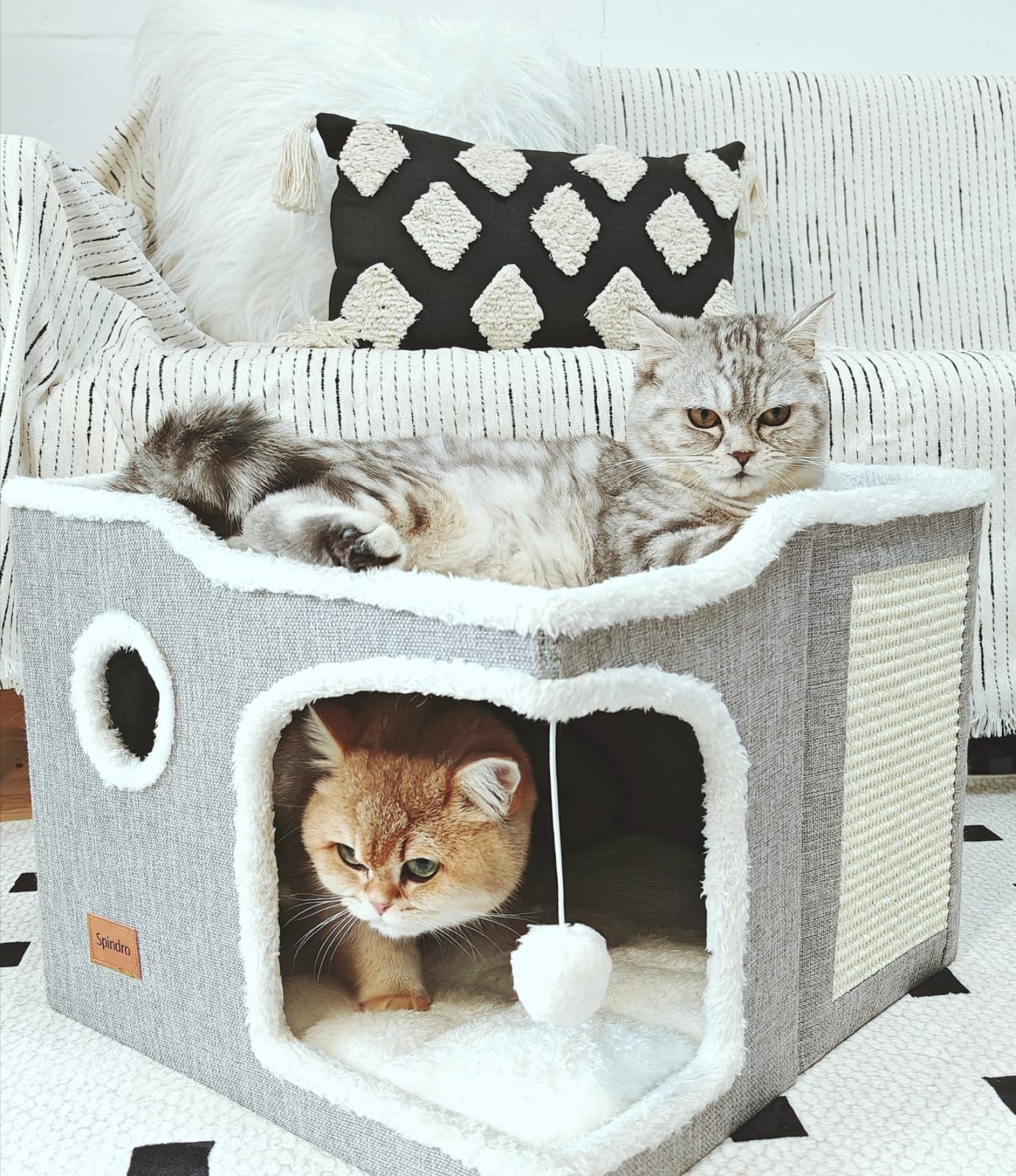 Spindro Large Cat Bed for Indoor Cats, Foldable Adult Cat Cave Anti Anxiety Cat House Cube with Scratch Pad Cat Towers, Cute Kitten Condo Hideaway Hut with Soft Pillow Mat for 2 Pets Under 30 lbs