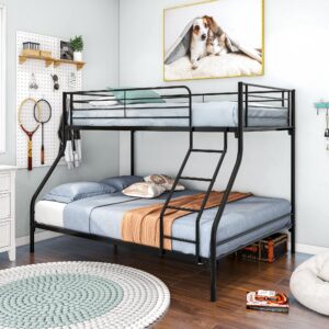 homjoones metal bunk beds,heavy duty metal bunk bed twin over full size, heavy duty floor bunk beds frame with enhanced upper-level guardrail/no box spring needed (m1 black)