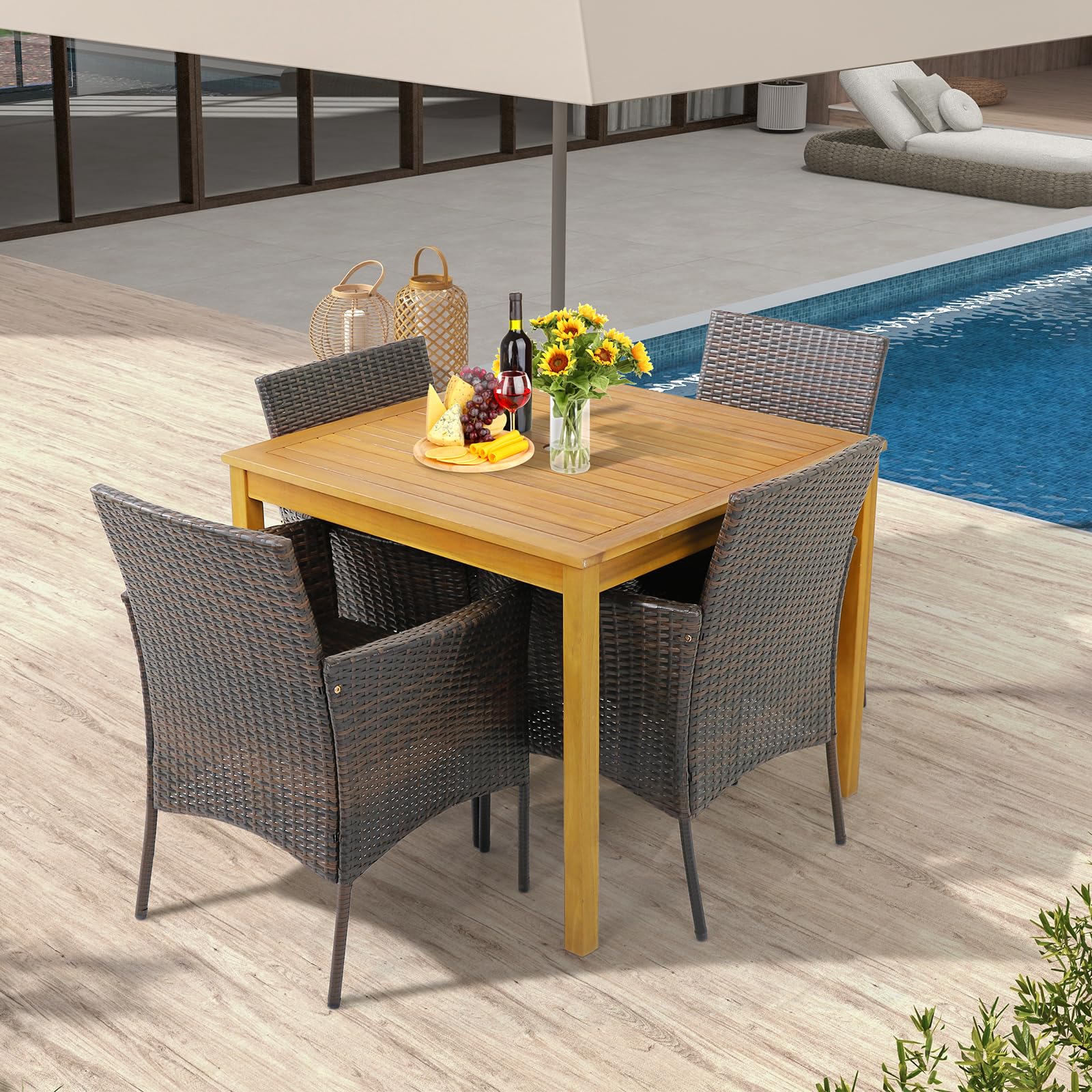 HAPPYGRILL Outdoor Rattan Chair Set of 4, Patio PE Wicker Dining Chairs with Soft Seat Cushions, Sturdy Metal Frame, Curved Armrests, Outside Rattan Armchairs for Balcony Porch Poolside