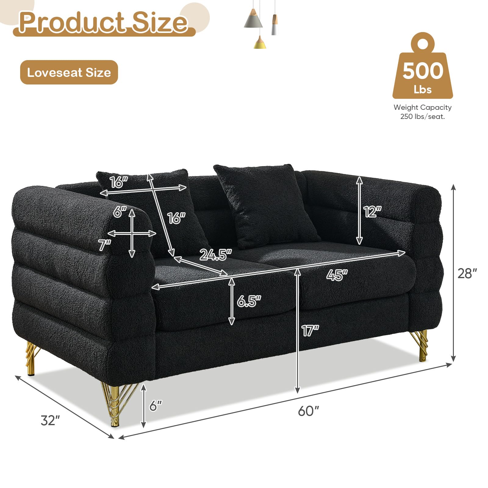 60-inch Couches for Living Room, Modern Teddy Fabric Upholstered Loveseat Sofa Couch with Square Arm and 4 Golden Metal Legs for Living Room, Office, Apartment, Black