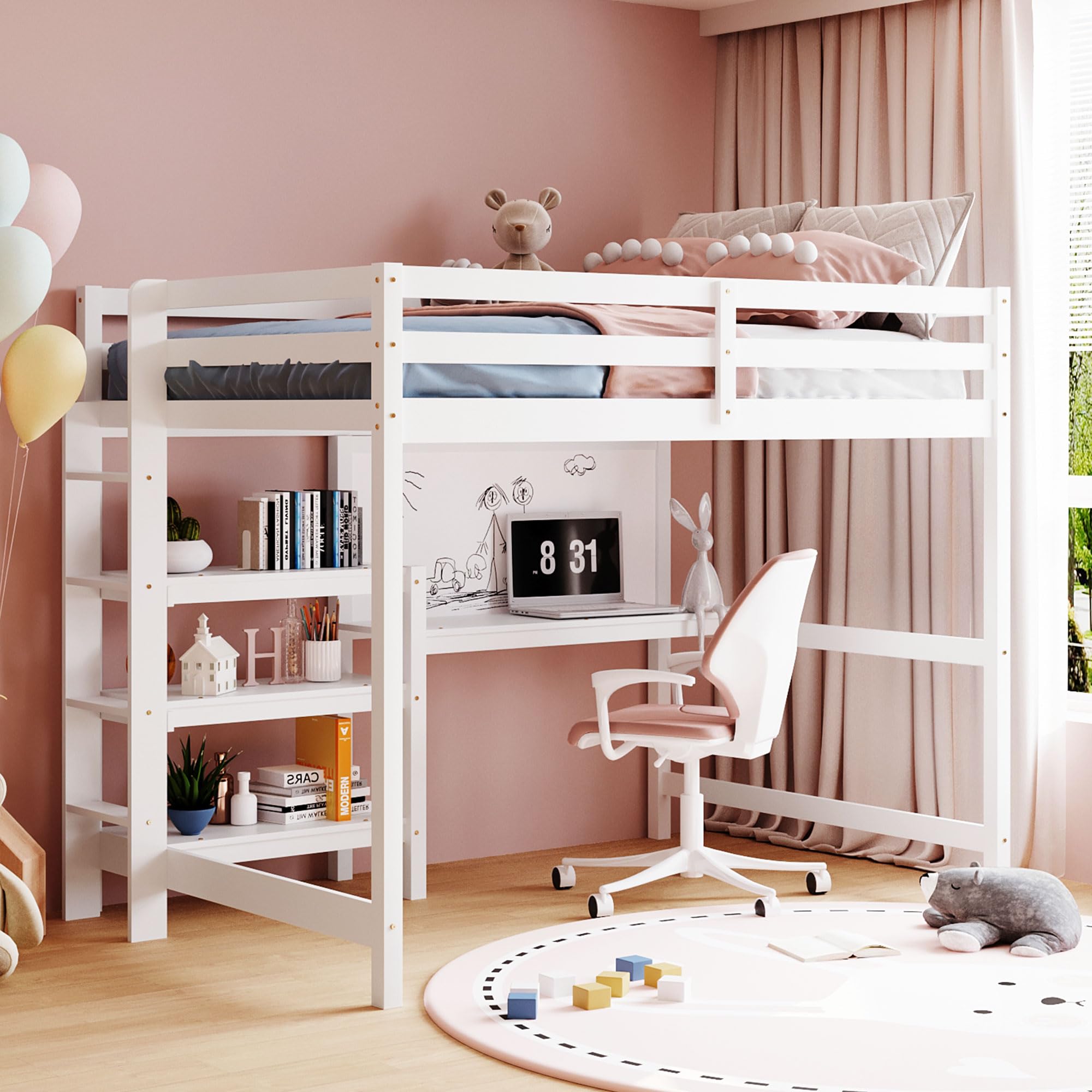 Full Size Loft Bed with Desk and Storage,Wood loft beds,for Girls Boys Teens Adults,No Box Spring Needed（White）