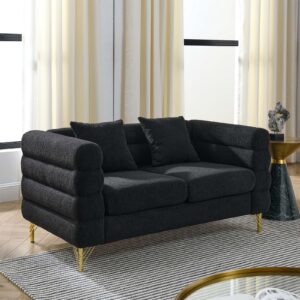 60-inch Couches for Living Room, Modern Teddy Fabric Upholstered Loveseat Sofa Couch with Square Arm and 4 Golden Metal Legs for Living Room, Office, Apartment, Black